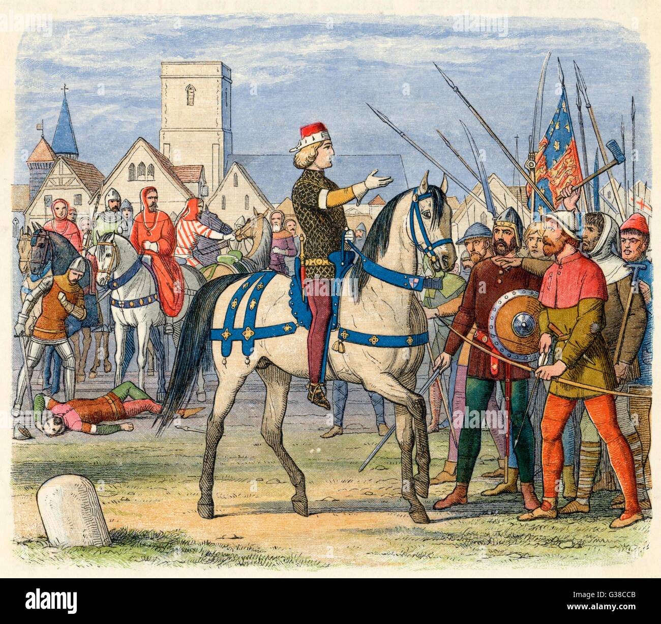 Richard II, mounted on a horse, meets the rebels Date: 1381 Stock Photo ...