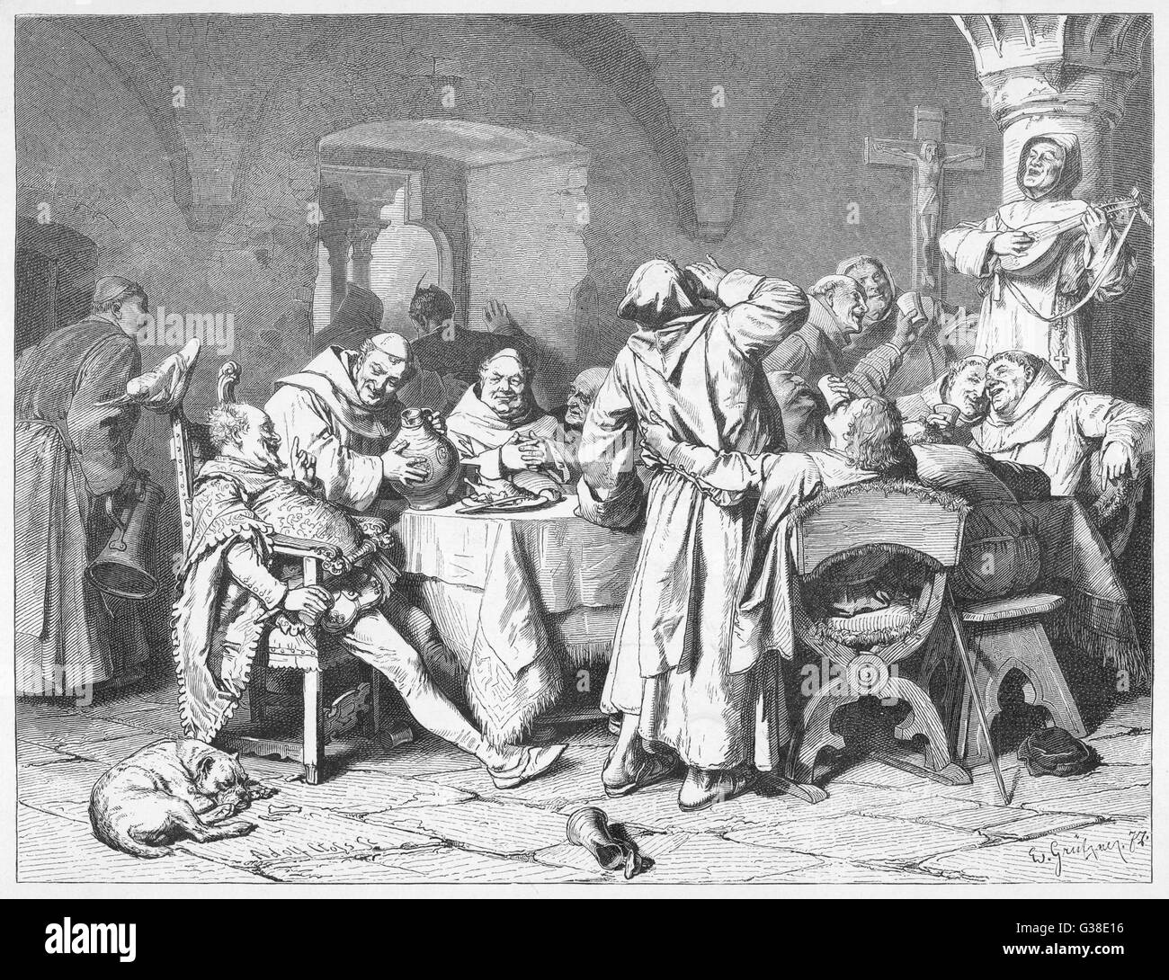 German monks entertain a visitor with the wine of the cloister, while ...