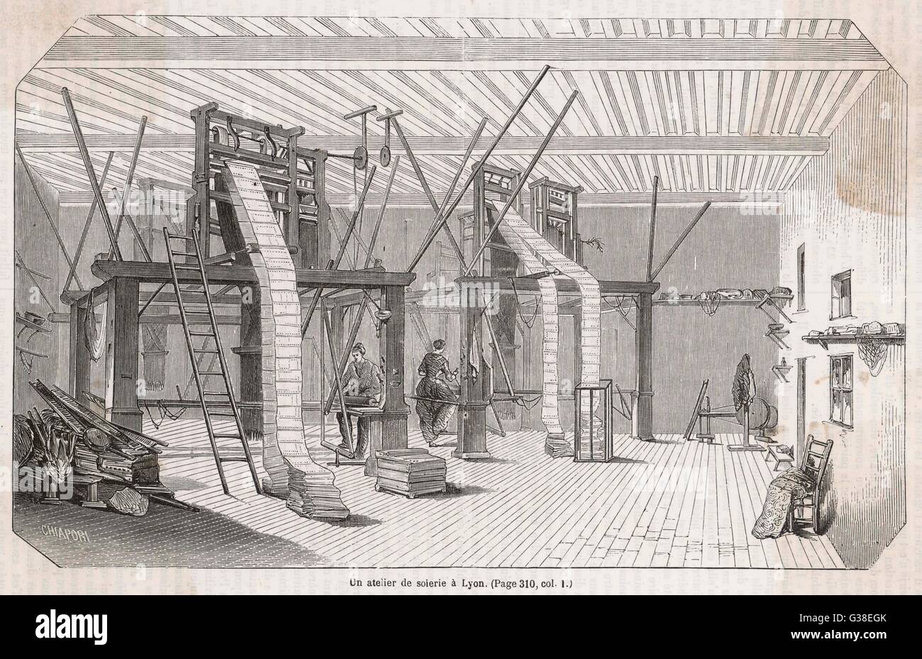 A silk weaving workshop at Lyon, showing the high roofs necessary to ...