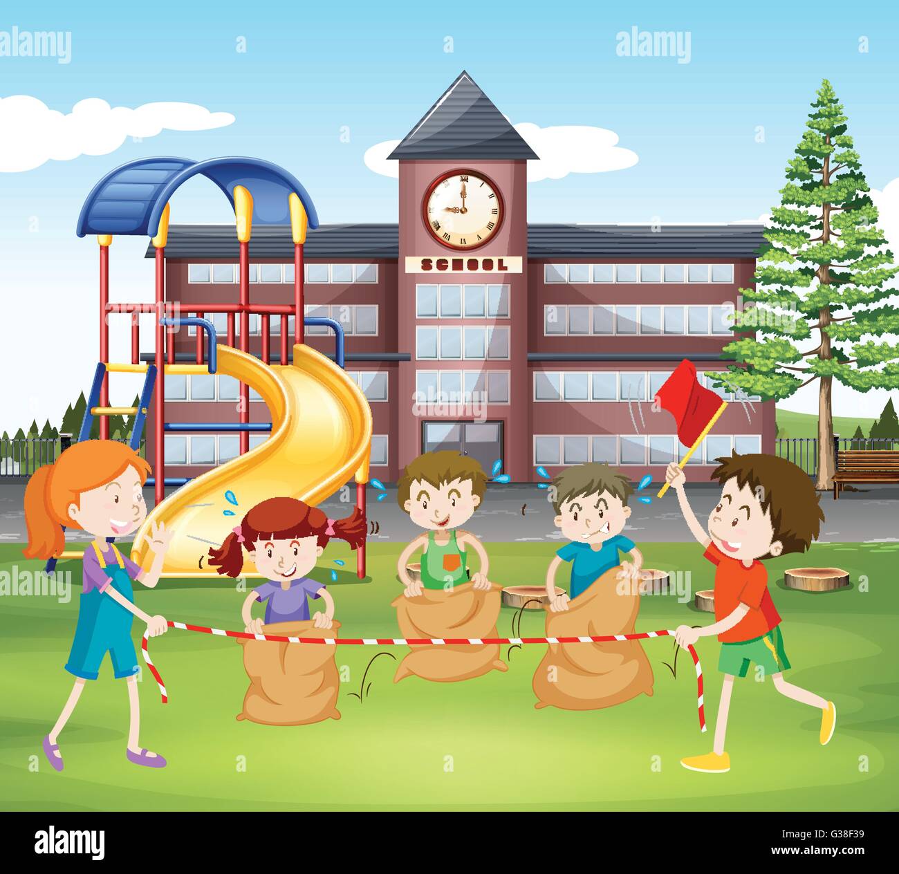 Children jumping sacks at school illustration Stock Vector Image & Art ...