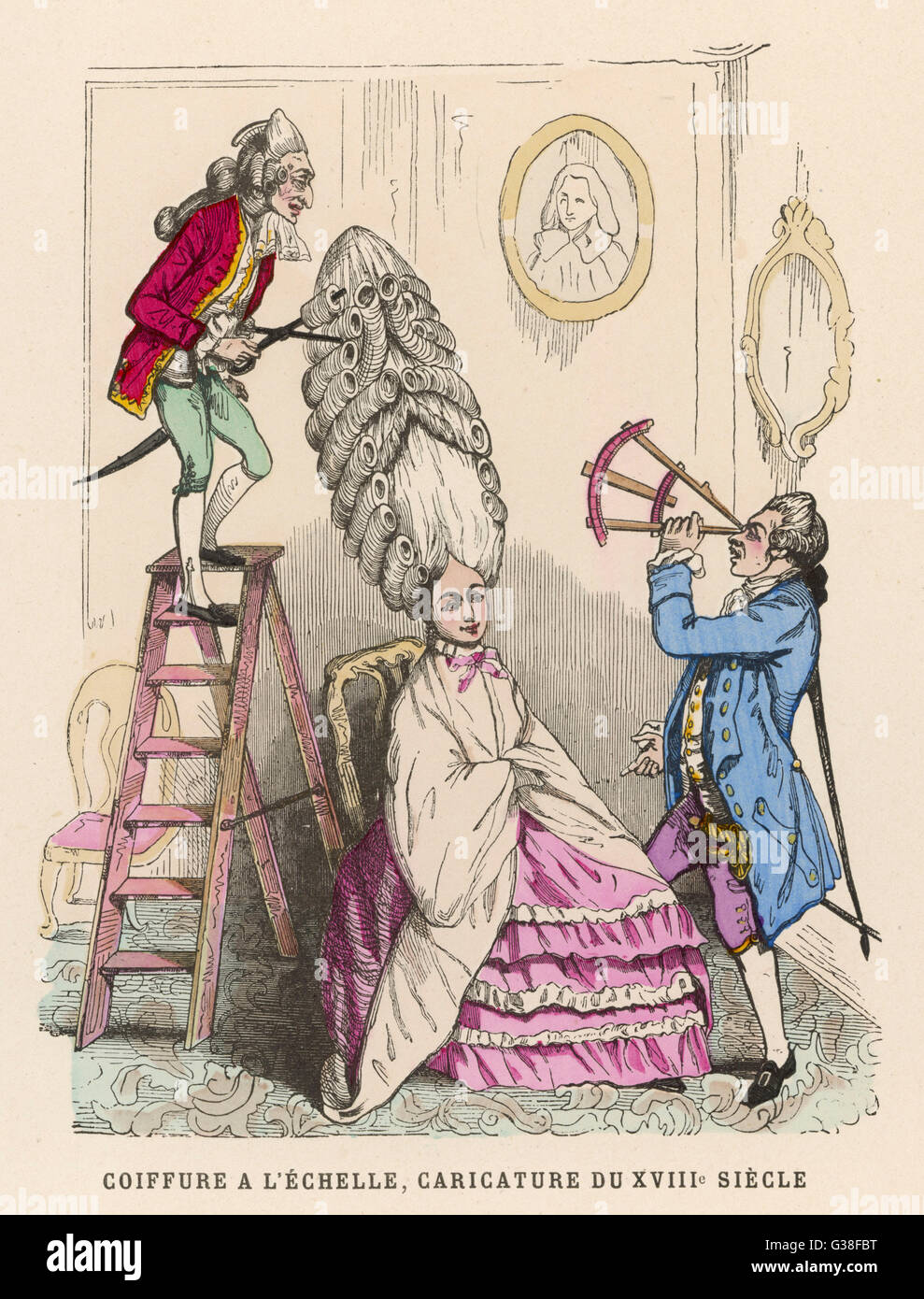 Coiffeurs at work on an extravagant hair style : a contemporary satire ...
