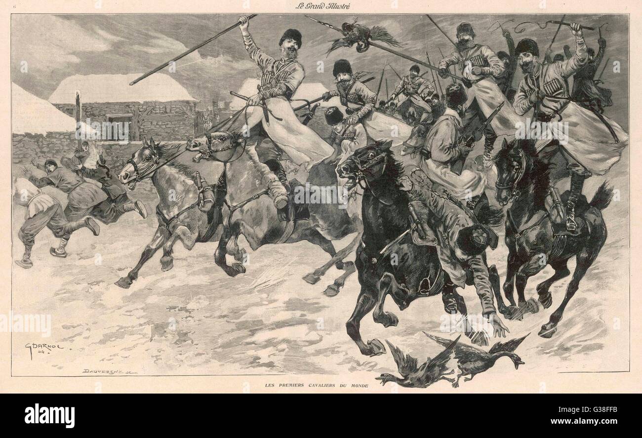 Cossack horsemen charge through an enemy village Date: 1904 Stock Photo ...