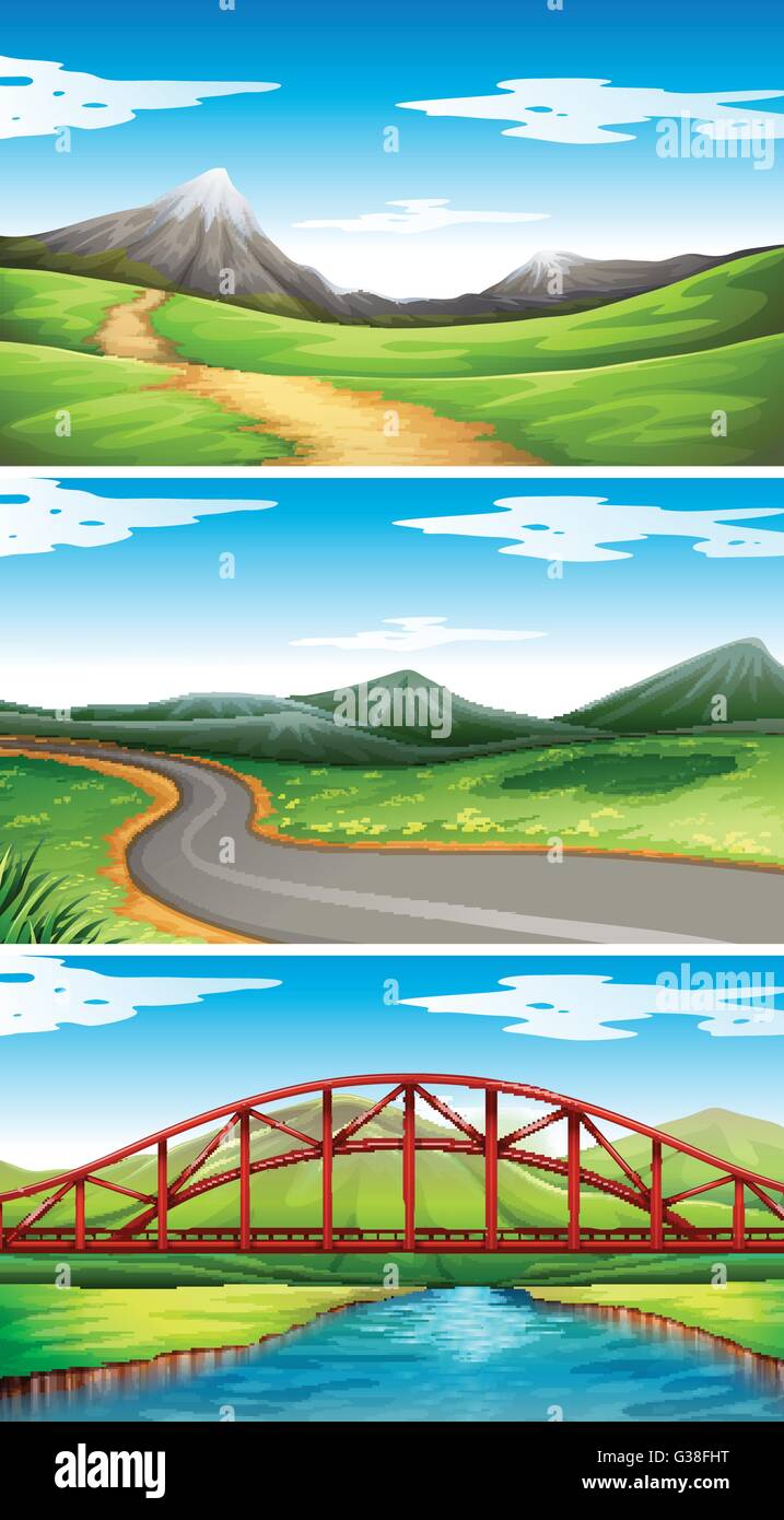 Three scenes with mountains and trails illustration Stock Vector Image ...