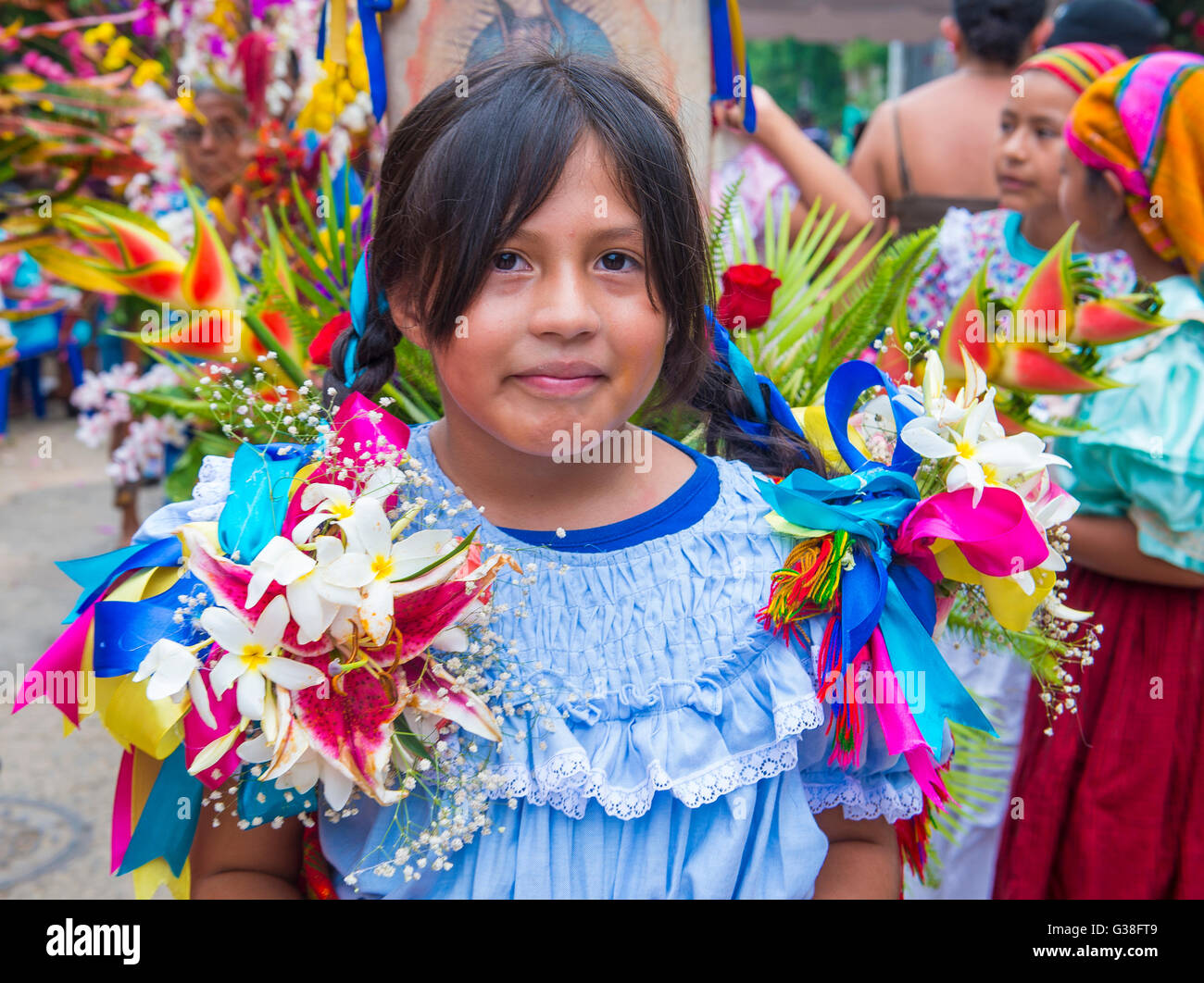 Salvadorian Girl Participate In The Procession Of The Flower And Palm Festival In Panchimalco El