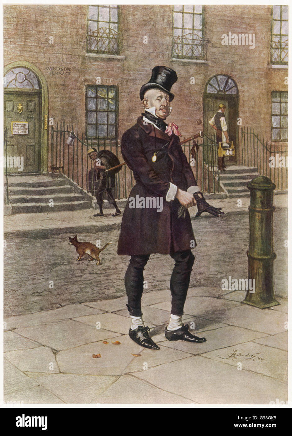 The inimitable Mr Micawber standing jauntily in a street with Georgian ...
