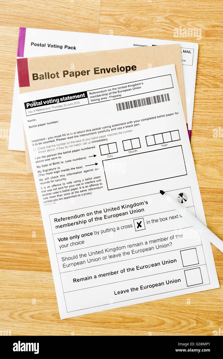 UK. 9th June, 2016. Postal voting ballot paper for the United Kingdom ...