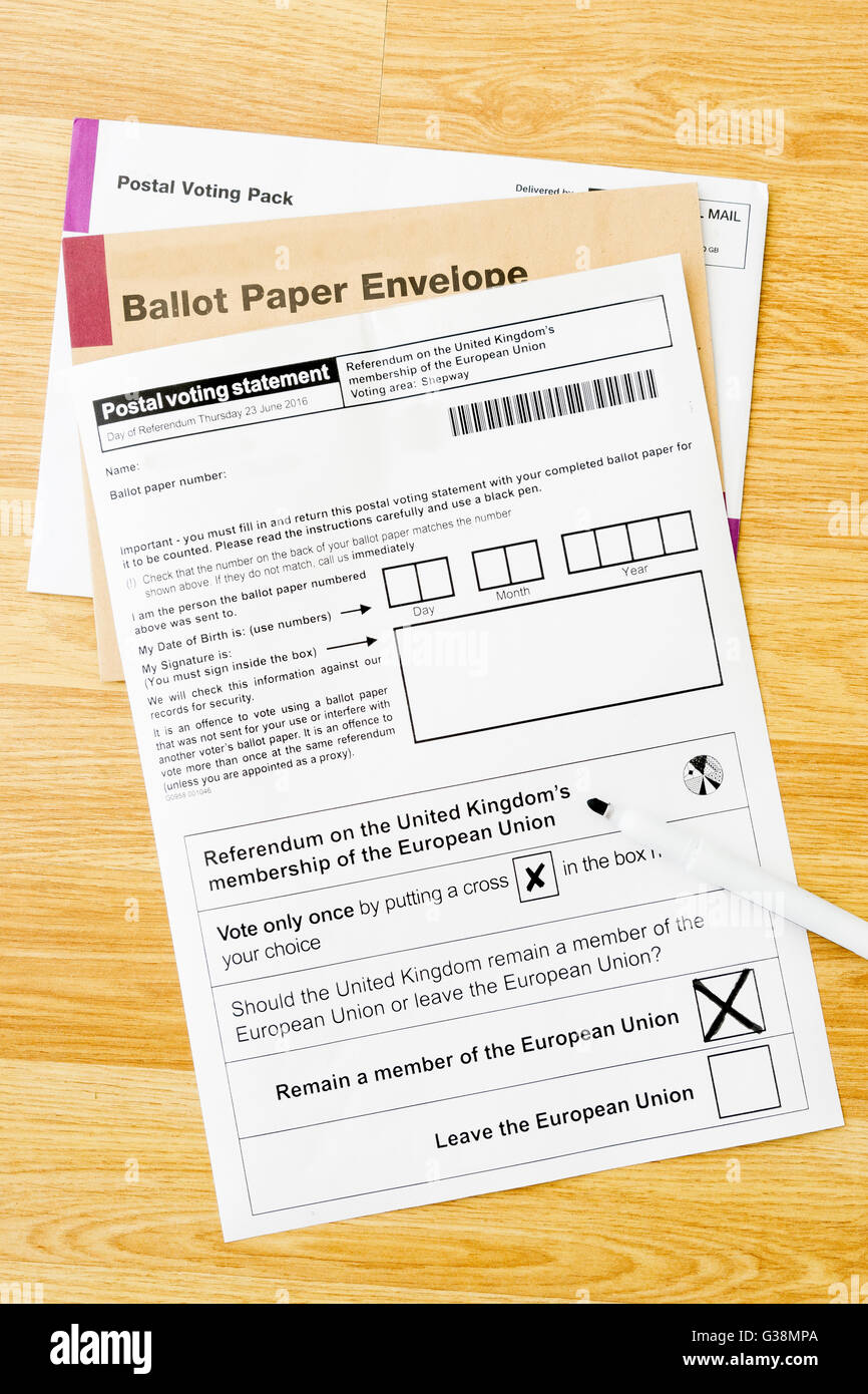 UK. 9th June, 2016. Postal voting ballot paper for the United Kingdom ...
