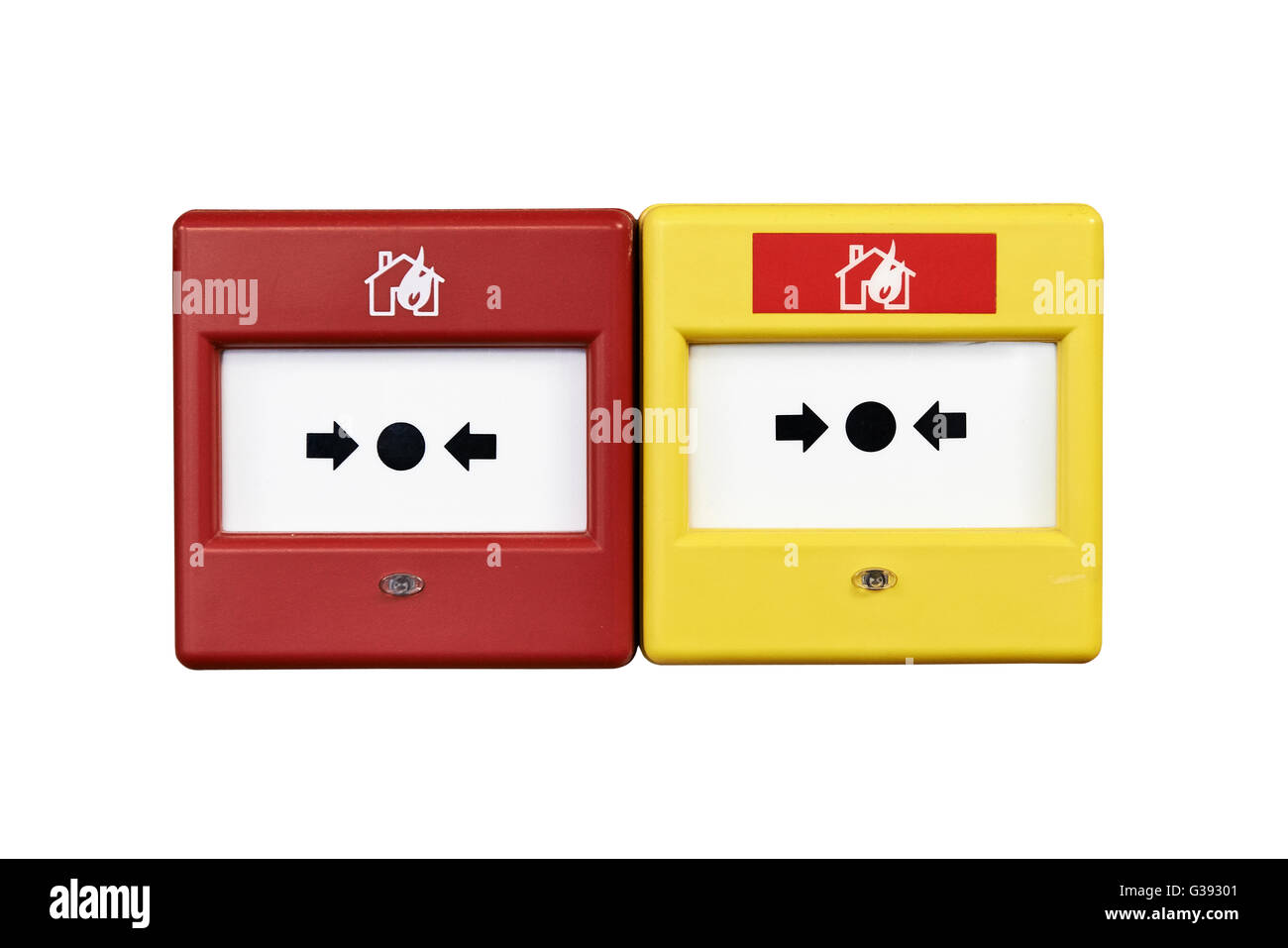 Close up of a fire alarm system on white from front with clipping path ...