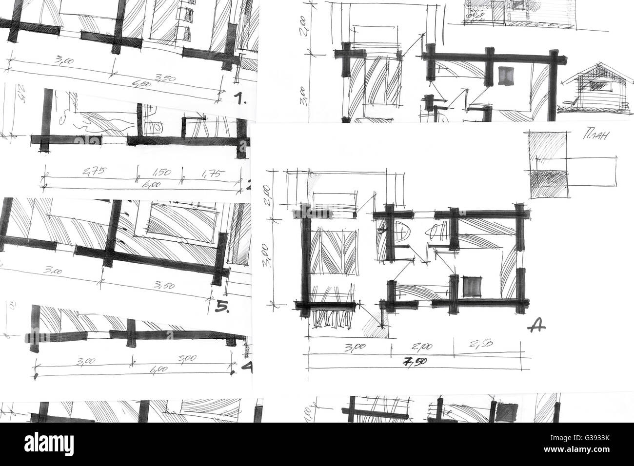 sketch drawings for new home renovation architectural background Stock ...