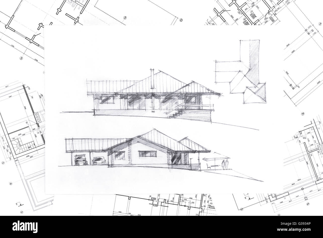 home renovation concept with architectural hand drawing and blueprints ...