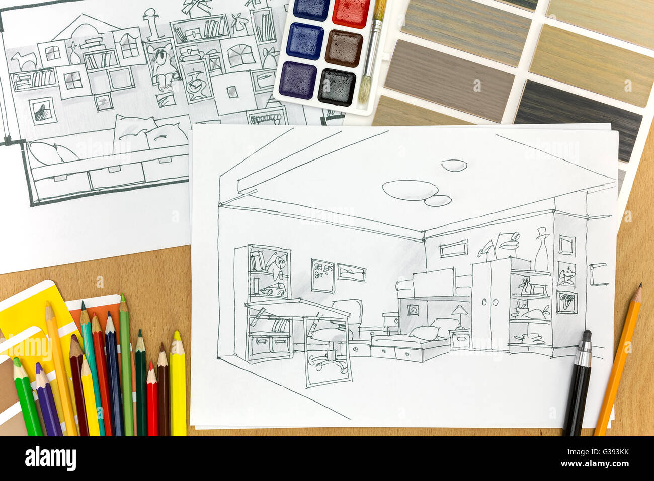 top view of architecture hand-drawn sketch on a wooden background with ...