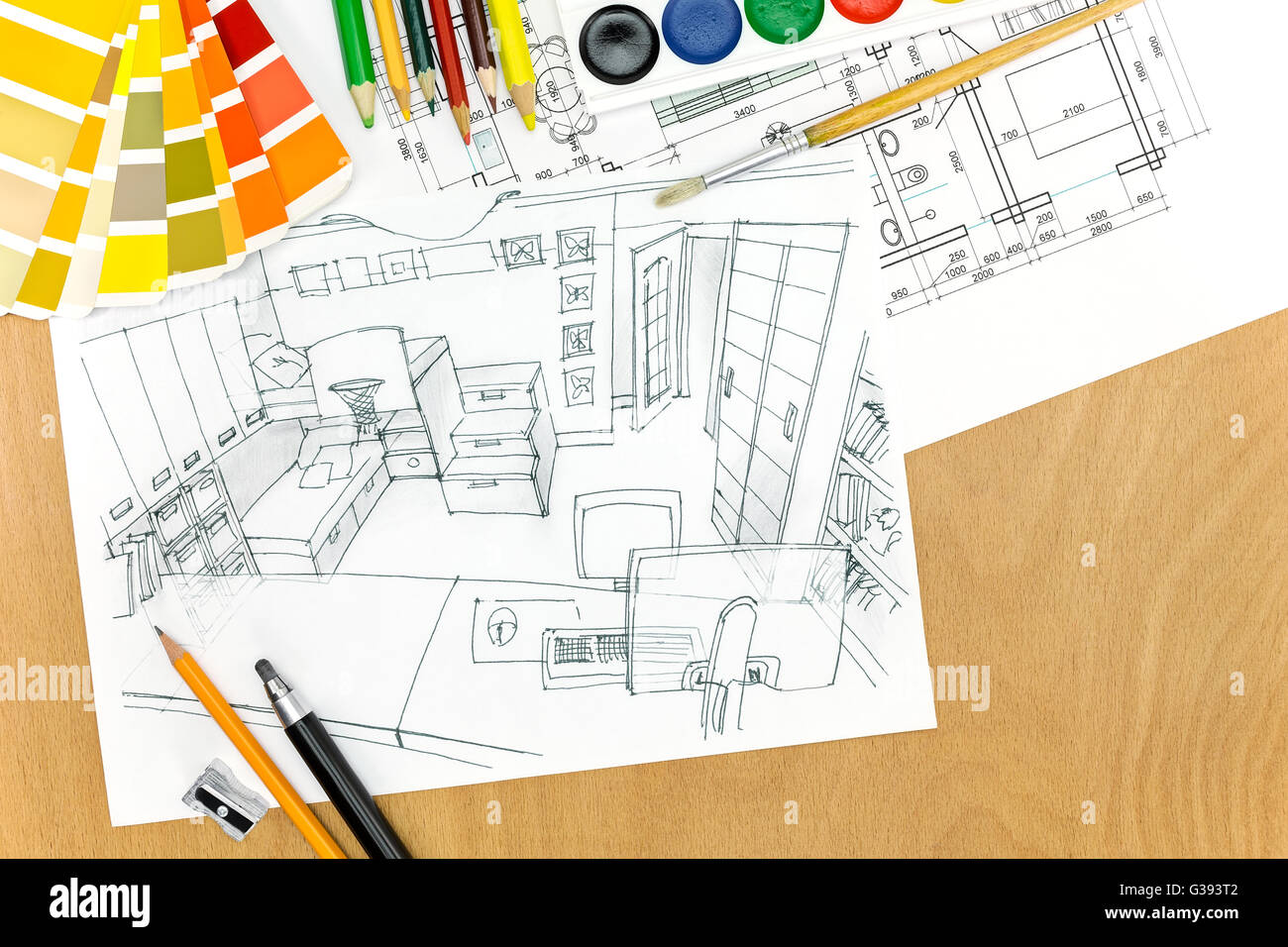color samples and drawing tools on a designer’s desk background Stock ...