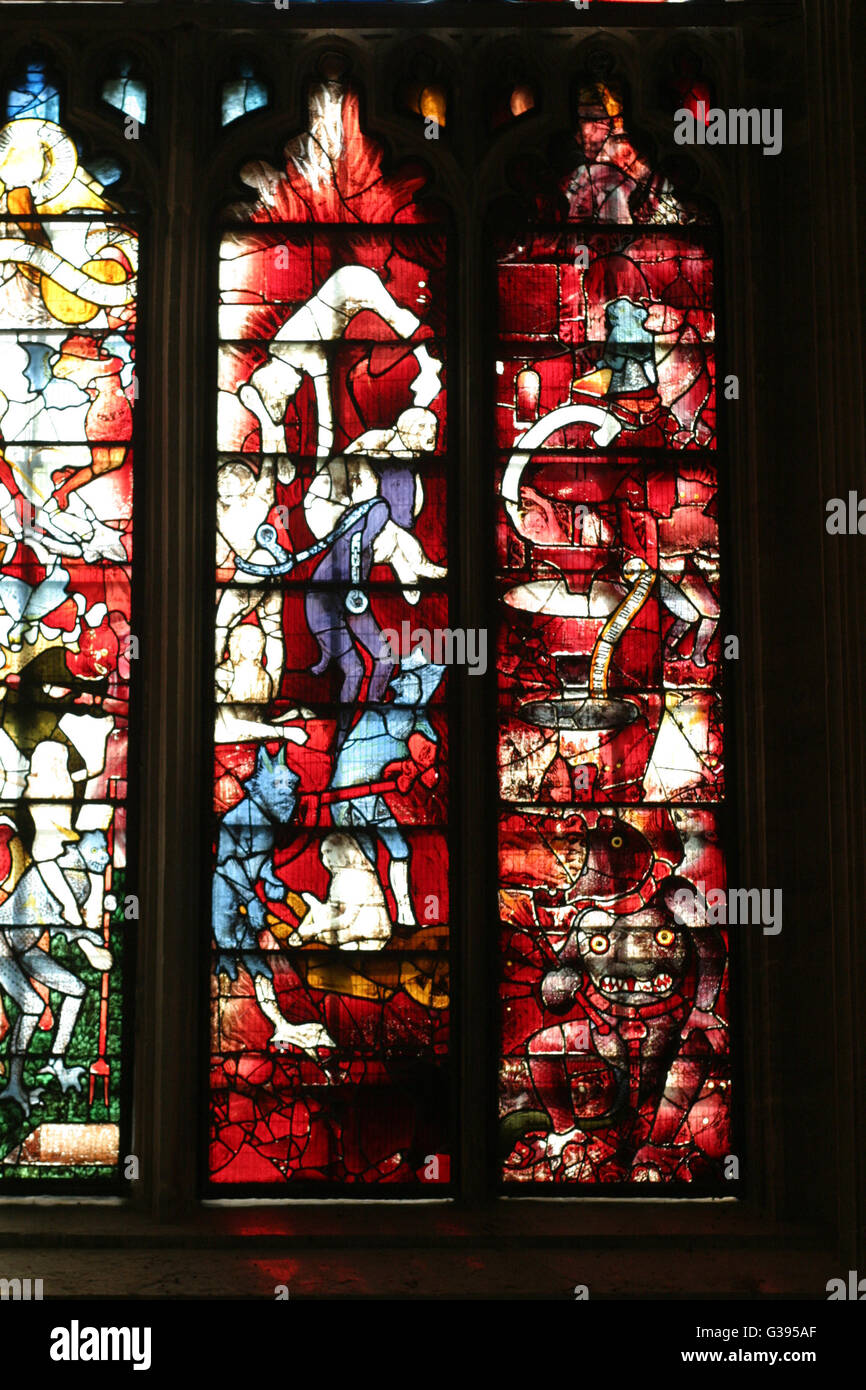 Cotswolds. 500 year old depiction of hell in stained glass at St Mary's ...