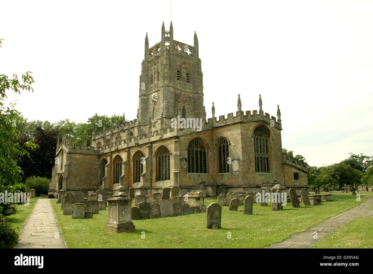 Cotswolds. St Mary's Church, Fairford, was rebuilt in 1497 and is ...