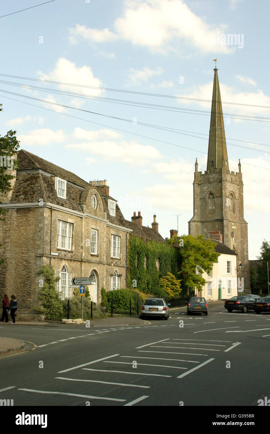 The Cotswolds. The Market Place and St Lawrence Church at Lechlade ...