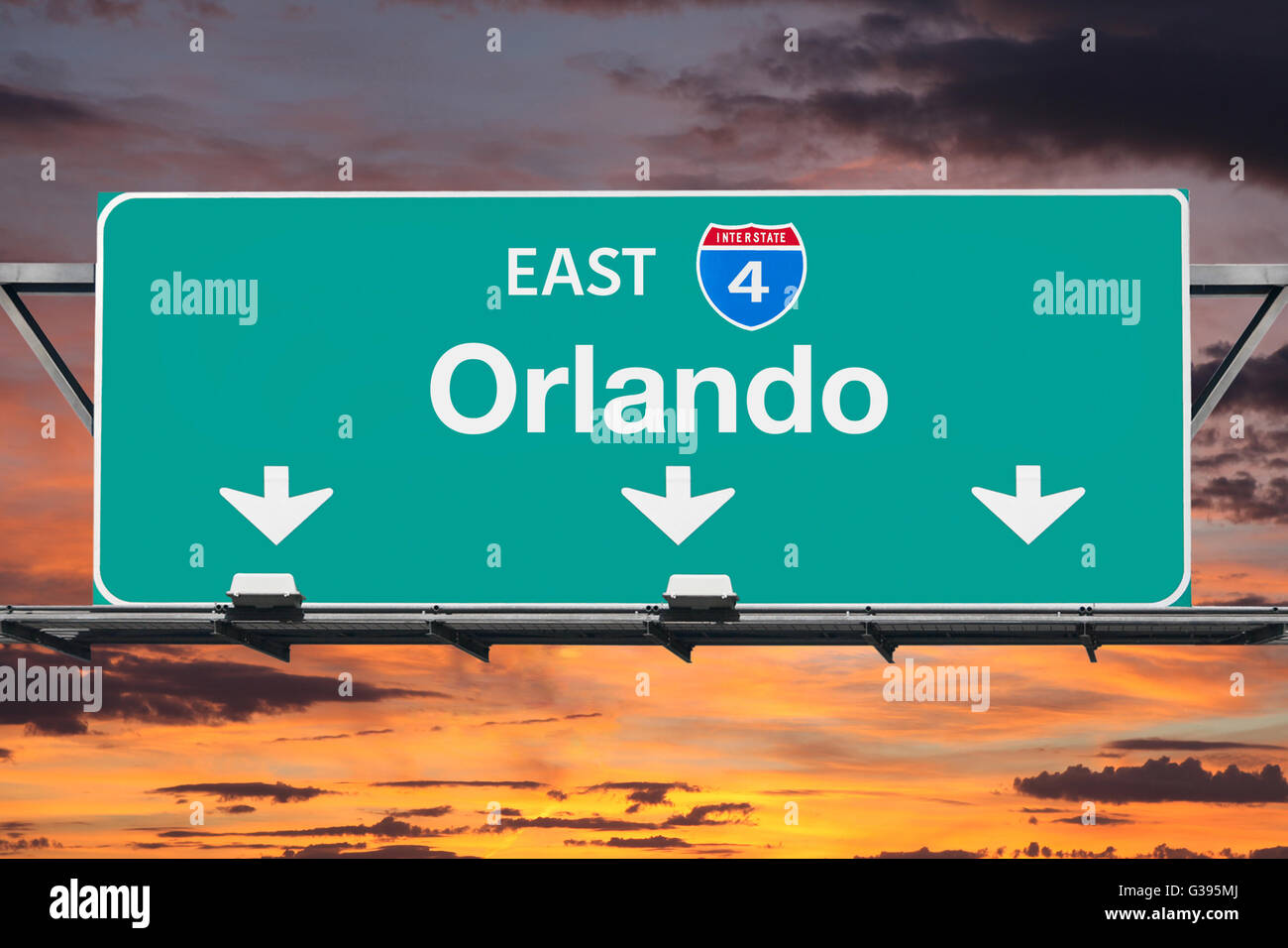 Interstate 4 east to Orlando highway sign with sunrise sky Stock Photo ...