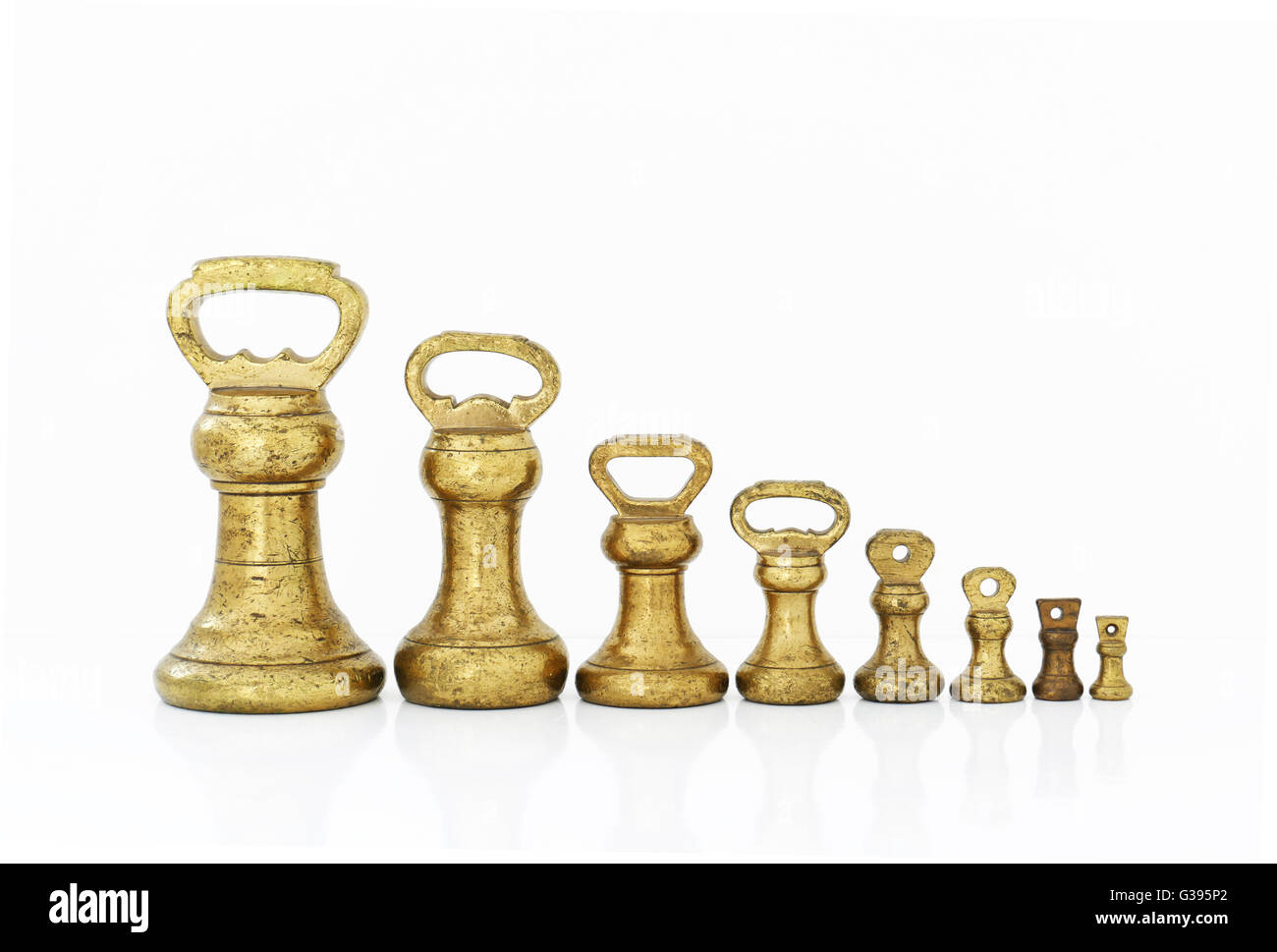 Old fashioned Imperial brass weights which were used on traditional ...