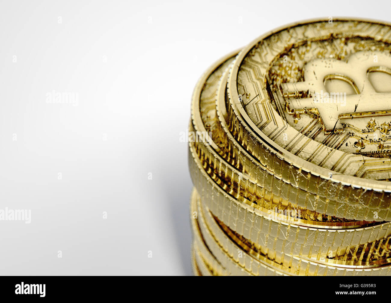 A 3D render of a stack of virtual gold bit coin currency on an isolated ...