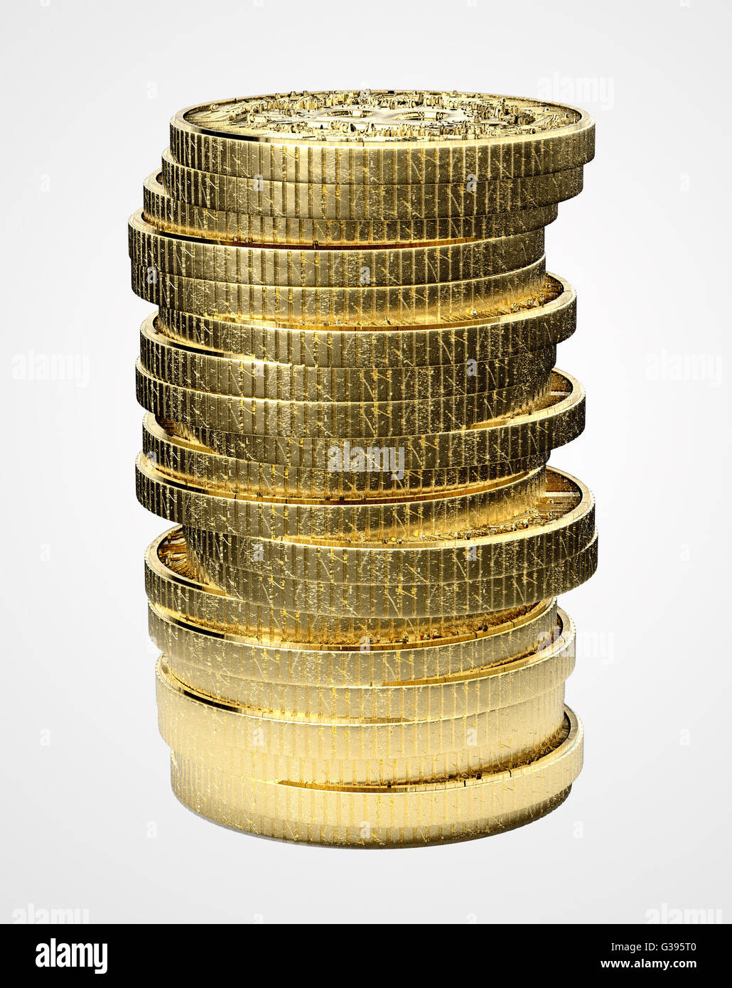 A 3D render of a stack of virtual gold bit coin currency on an isolated ...
