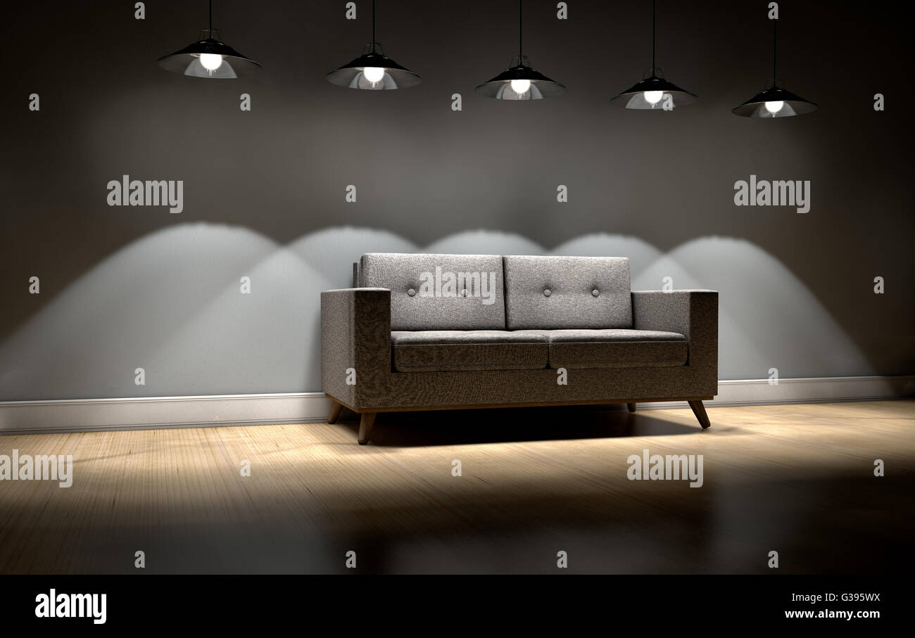 A modern couch in an empty room lit by retro light fittings Stock Photo ...
