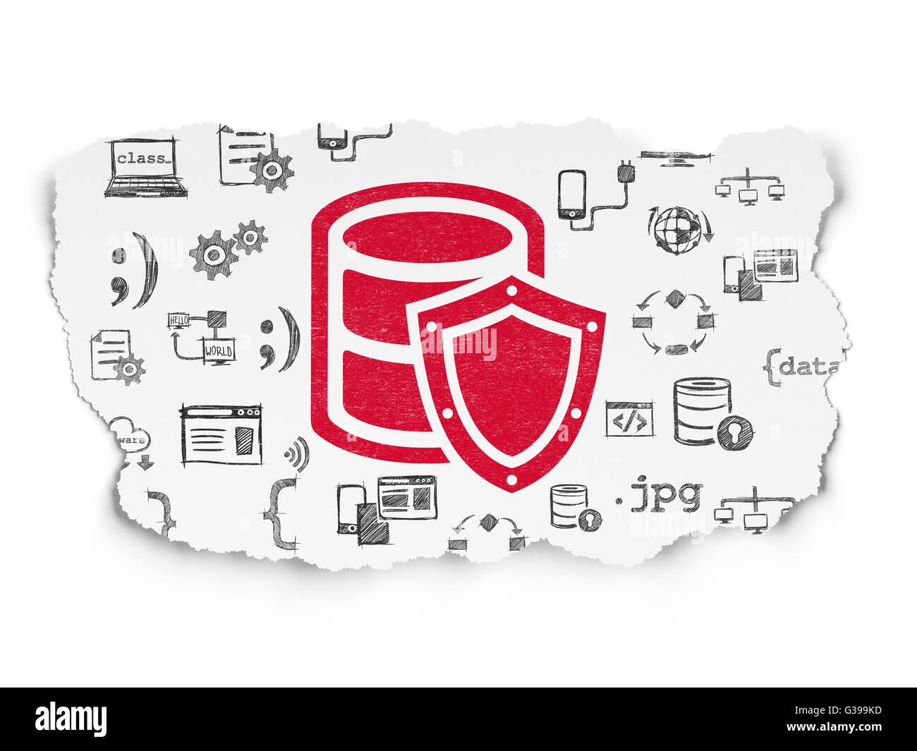 Database concept: Database With Shield on Torn Paper background Stock ...