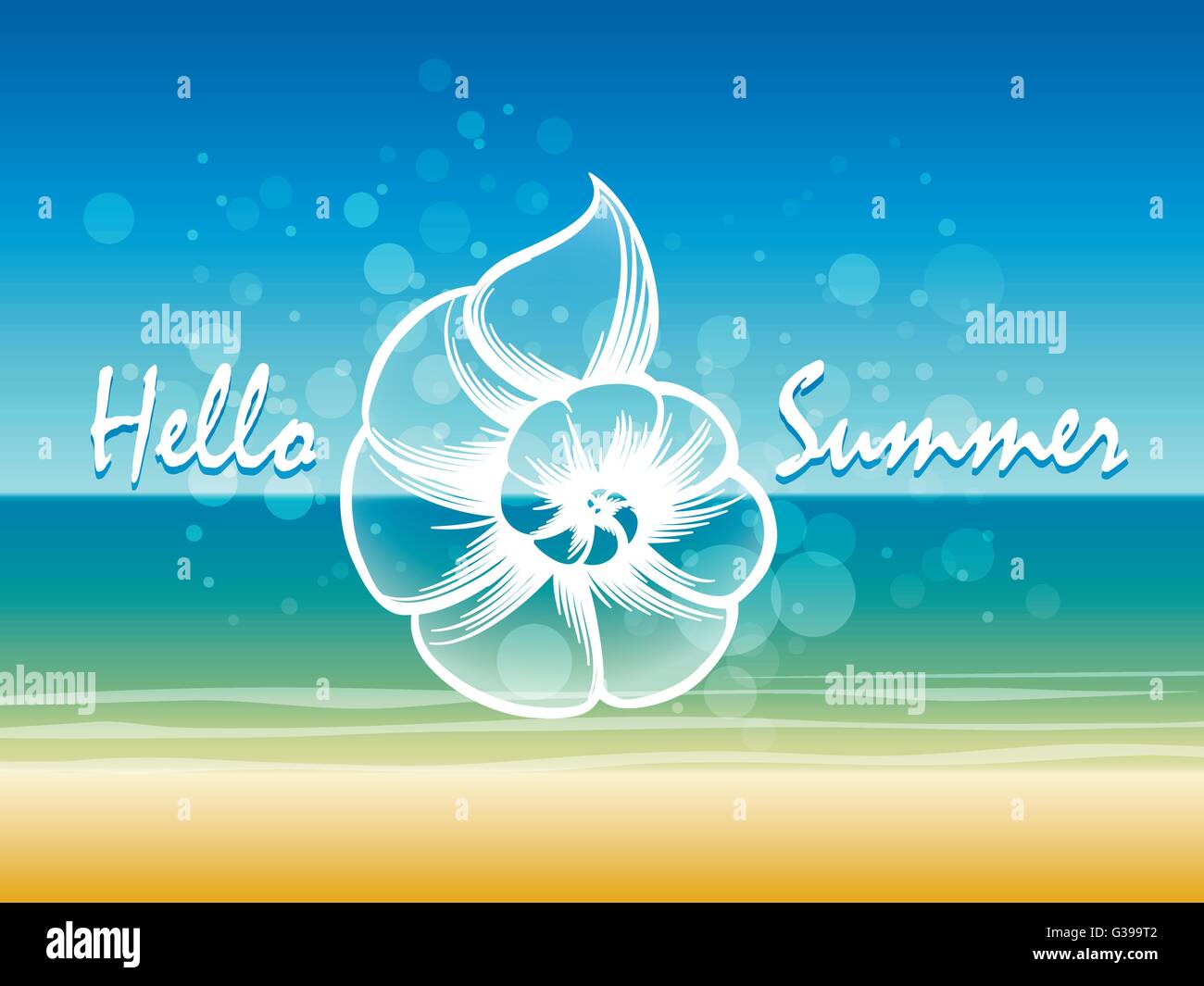 Summer time seascape with seashell sign and lettering Hello Summer ...