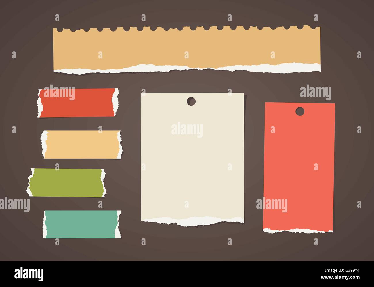Colorful ripped blank note paper are stuck on dark brown background ...