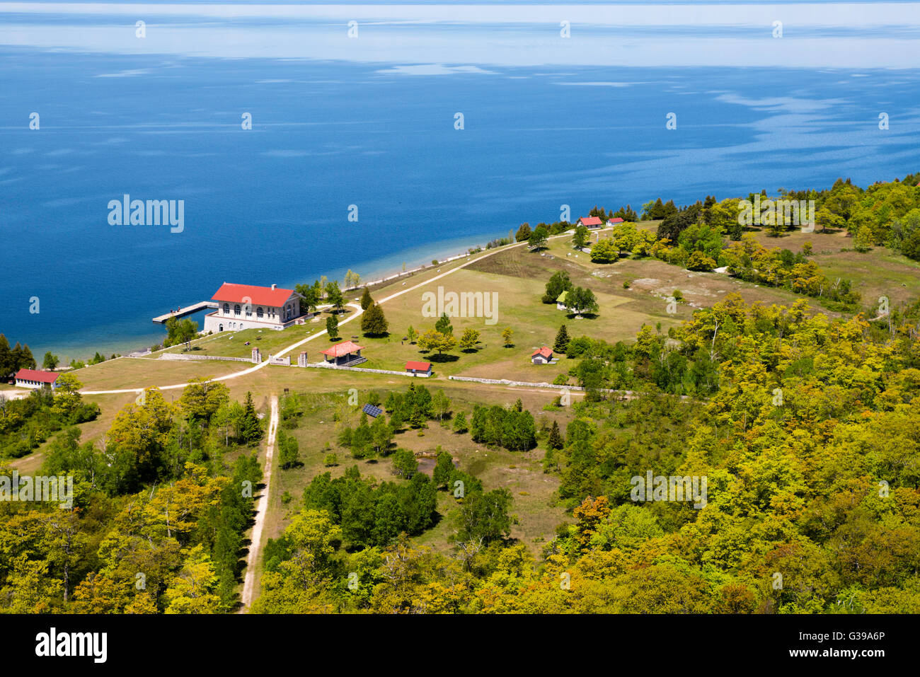 Aerial view of Rock Island State Park and its majestic boathouse, off ...