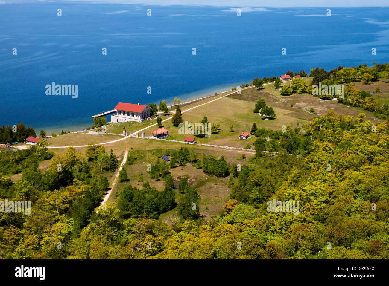 Aerial view of Rock Island State Park and its majestic boathouse, off ...
