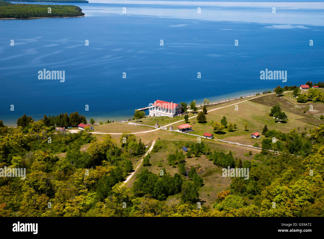 Aerial view of Rock Island State Park and its majestic boathouse, off ...
