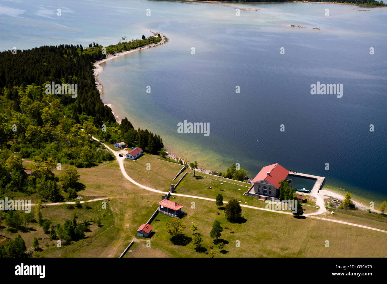 Aerial view of Rock Island State Park and its majestic boathouse, off ...