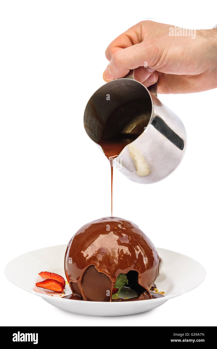Chocolate dessert sphere with icecream and caramel Stock Photo - Alamy
