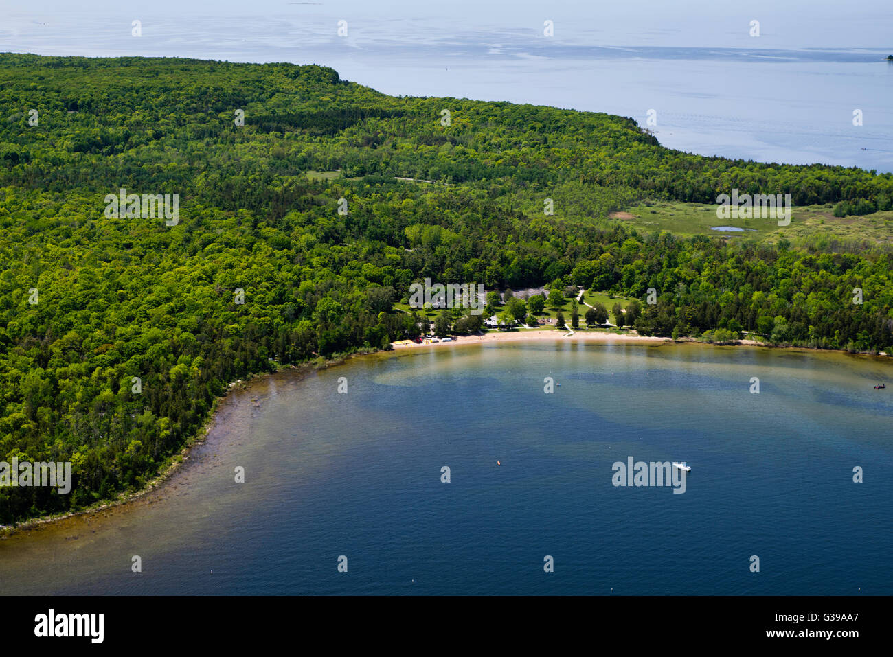 Aerial view of the Nicolet Bay beach area of Peninsula State Park, Door ...