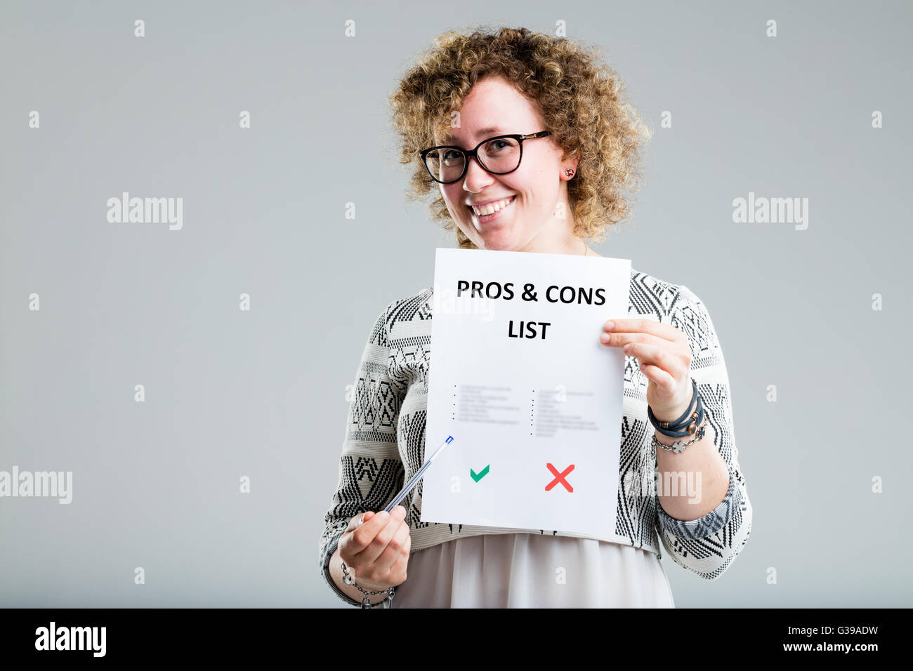 curly woman considering positive perspective and point of view Stock ...