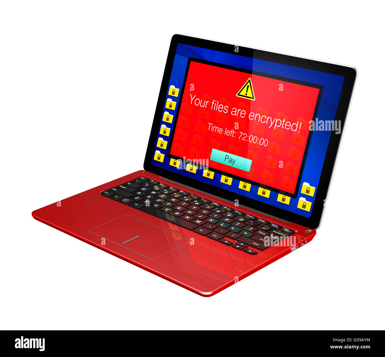 Screen of laptop computer showing alert that the computer was attacked ...