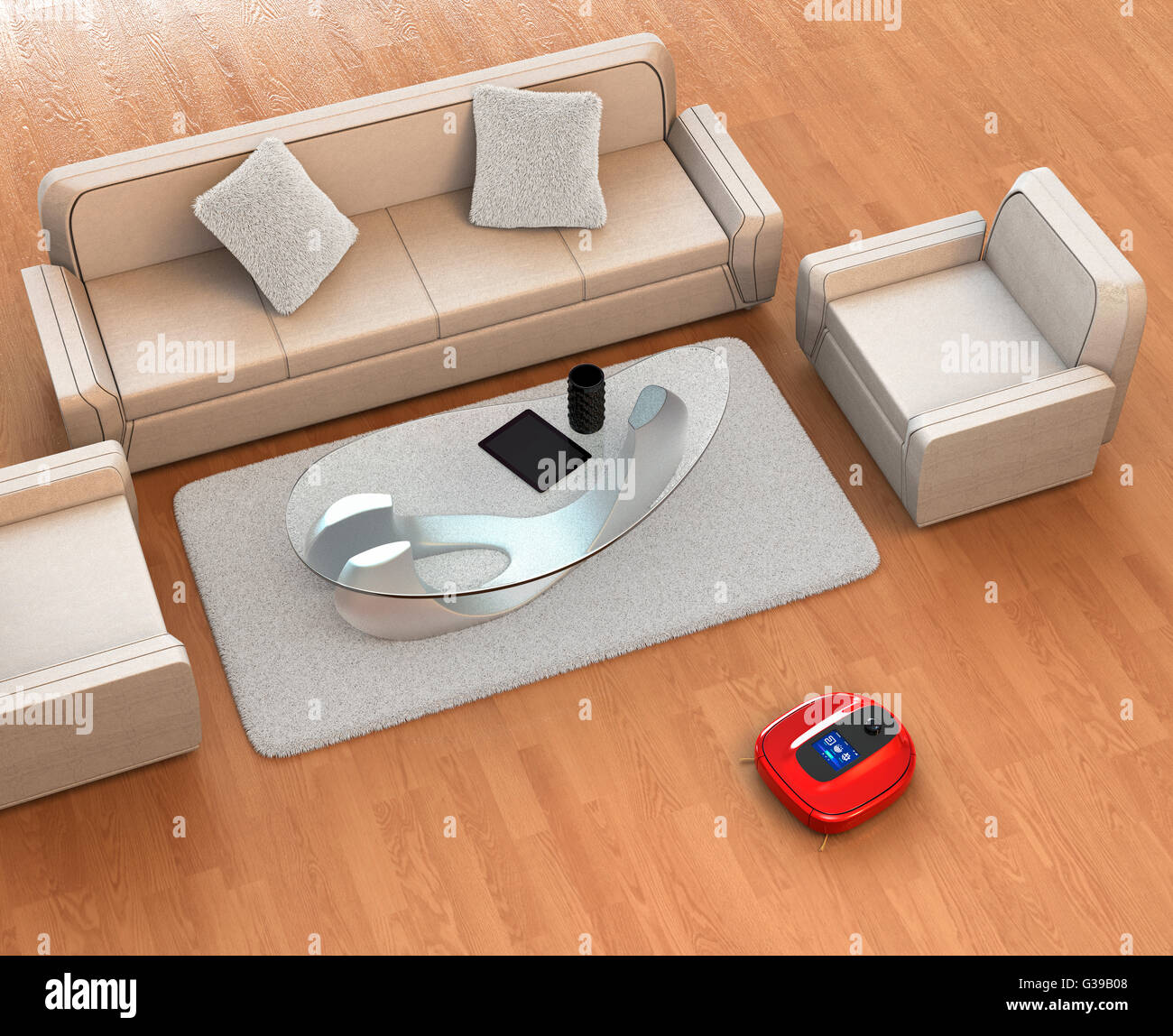 Metallic red robotic vacuum cleaner moving on flooring. 3D rendering ...