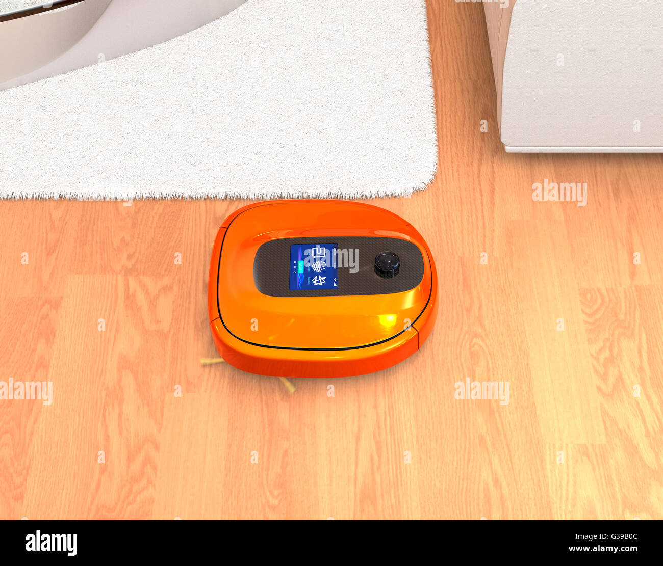 Metallic orange robotic vacuum cleaner moving on flooring. 3D rendering ...