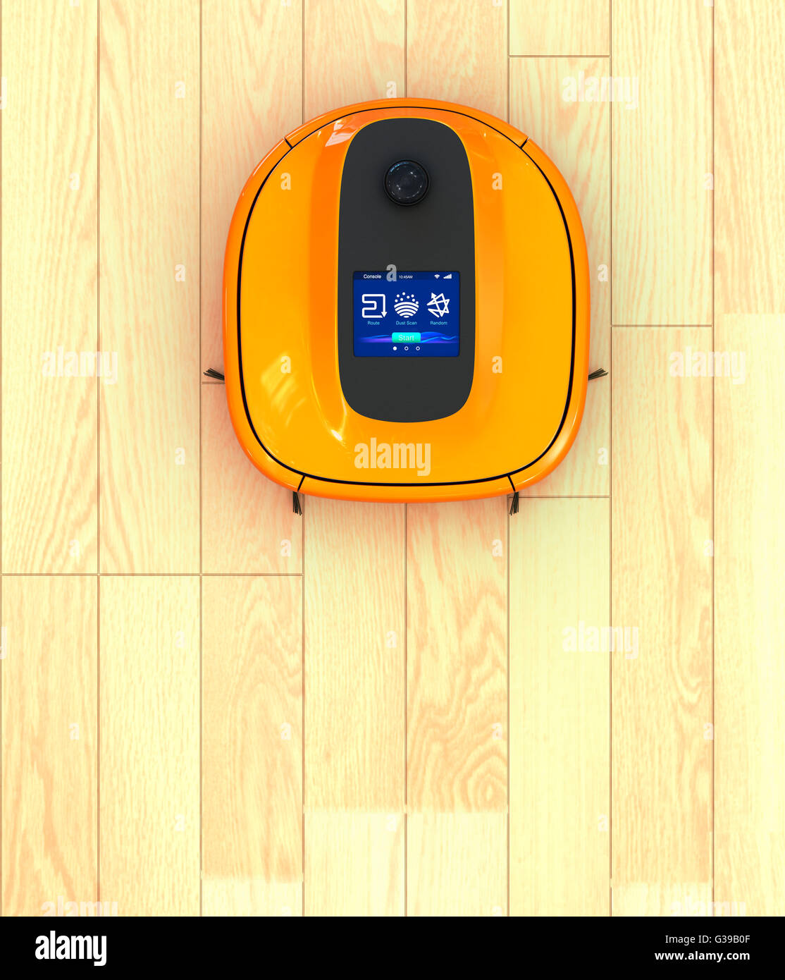 Orange robotic vacuum cleaner moving on flooring. 3D rendering image ...