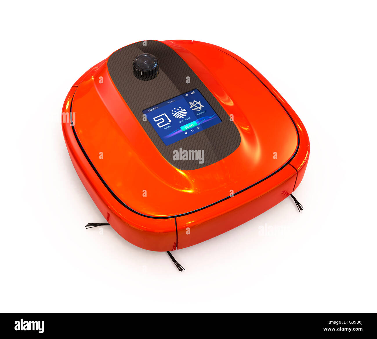 Metallic red robotic vacuum cleaner isolated on white background. 3D ...