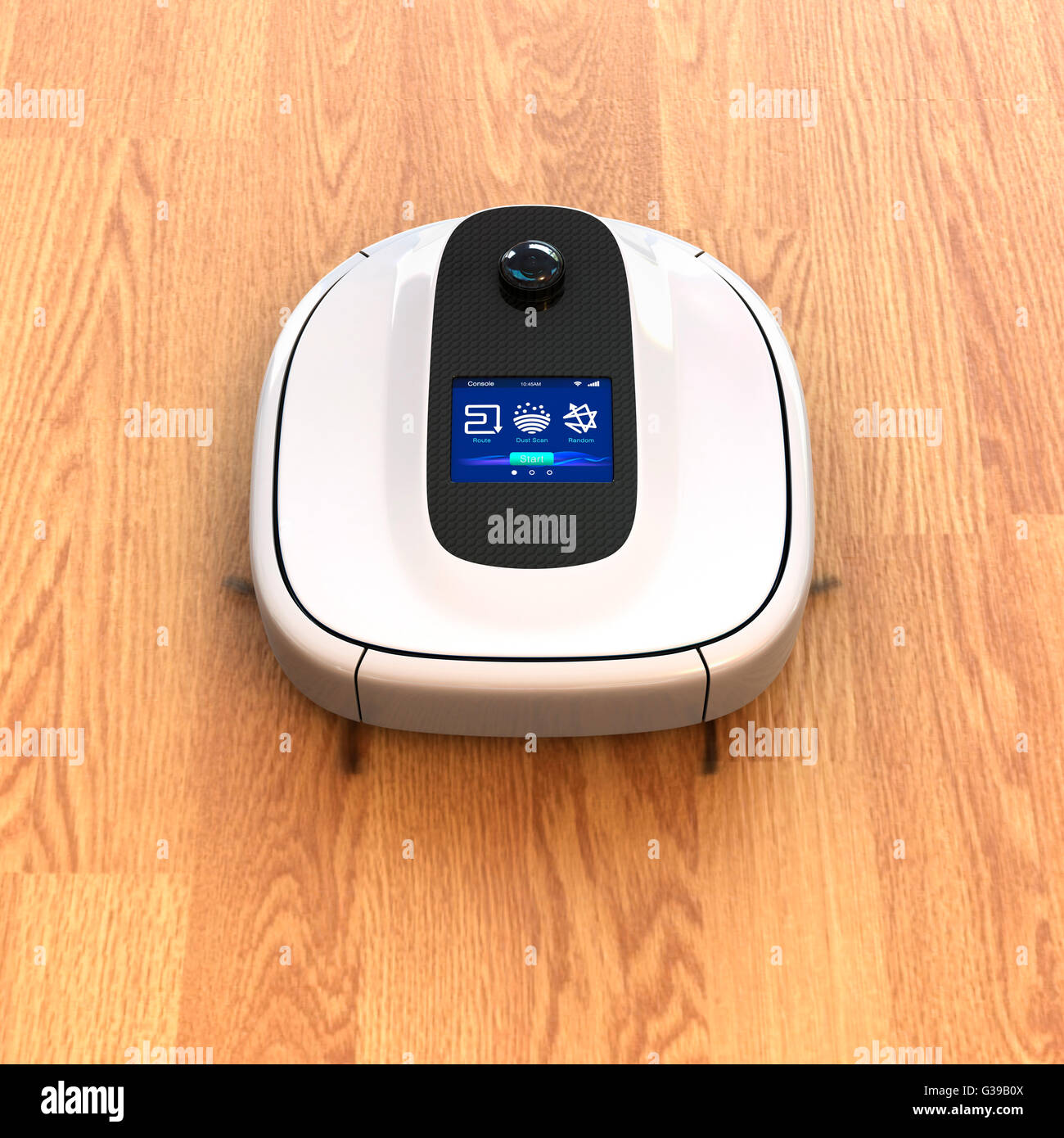 White robotic vacuum cleaner moving on flooring. 3D rendering image ...