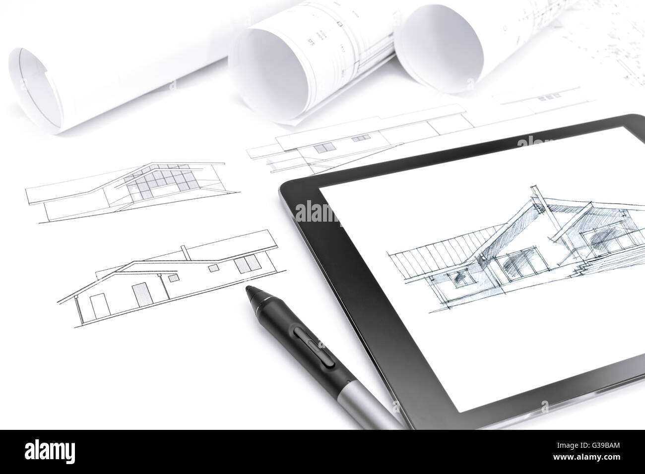 tablet computer with drawing, stylus and house plan blueprints Stock ...