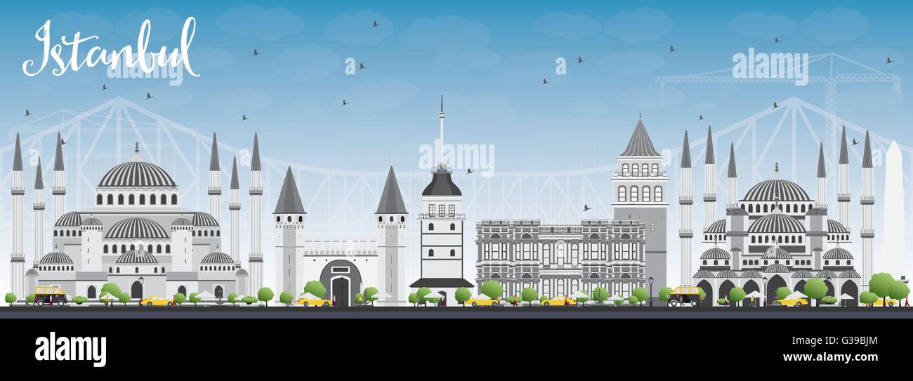 Istanbul Skyline with Gray Landmarks and Blue Sky. Vector Illustration ...