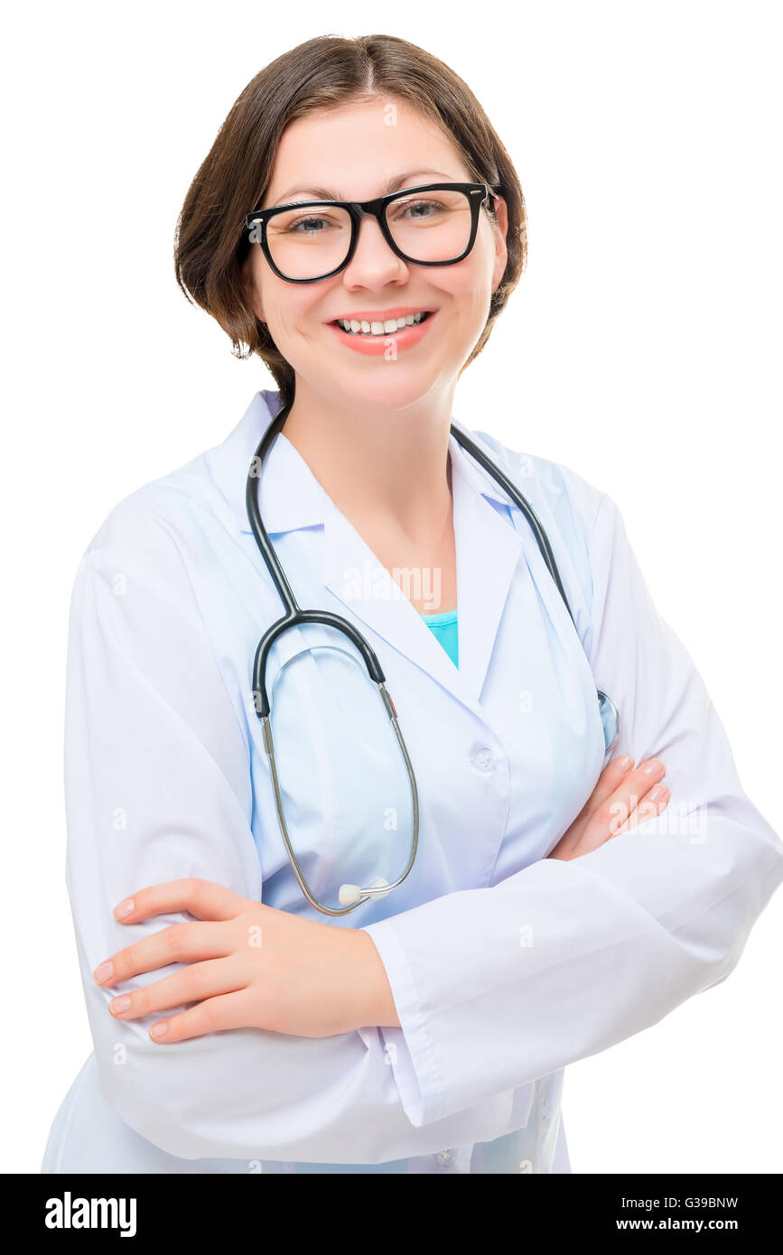 Girl in medical clothing and glasses posing on a white background Stock ...