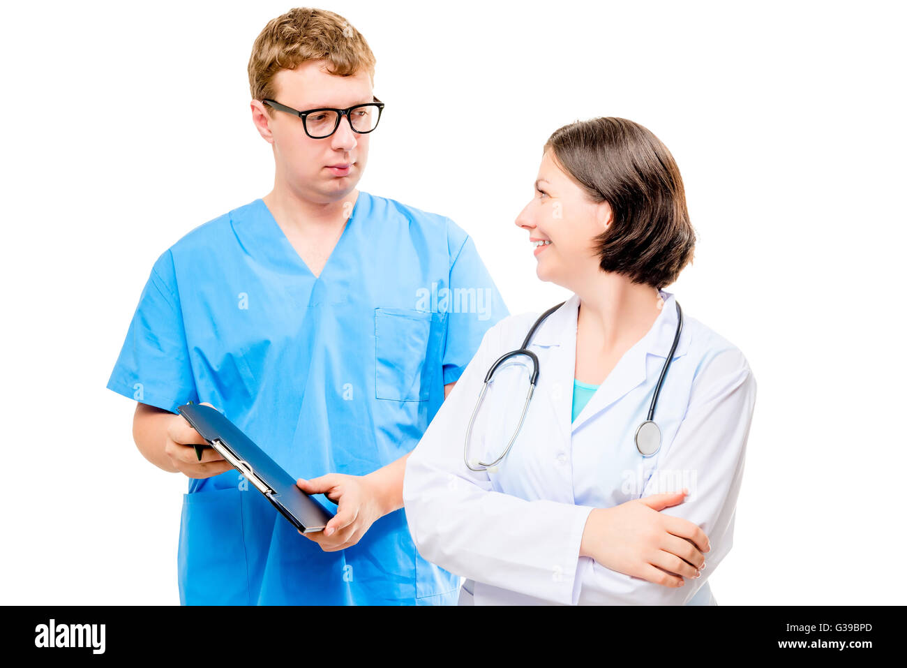 Doctors happy couple posing on a white background in studio Stock Photo ...