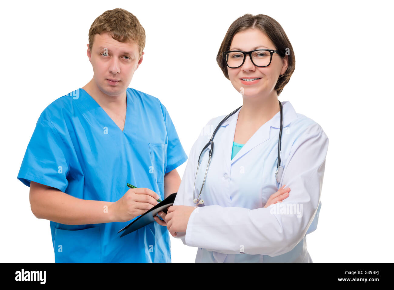 Horizontal portrait of two doctors on a white background Stock Photo ...