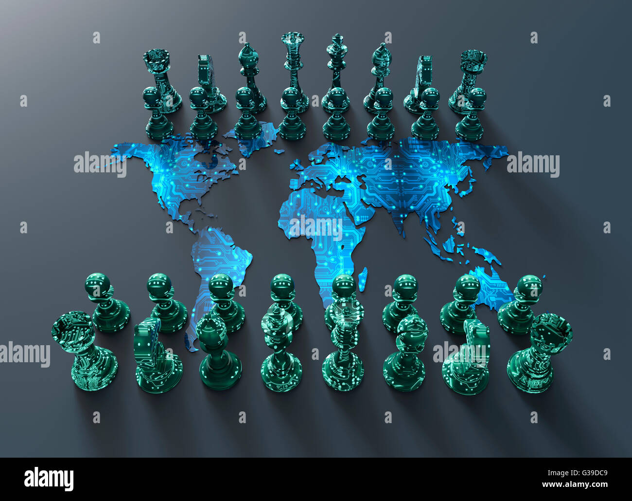 symbol of electronic fighting, digital chess board out of the world map ...