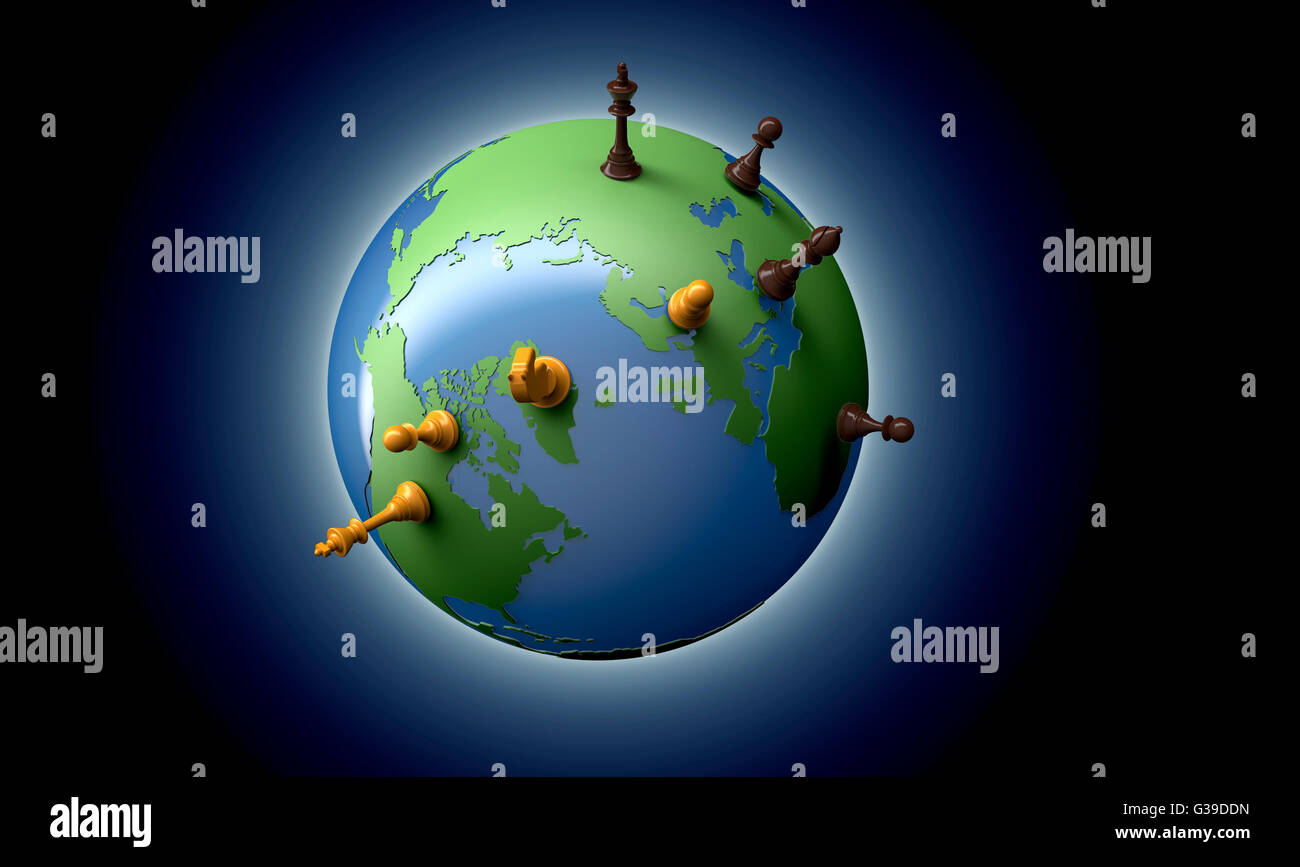 symbol of geopolitics the world globe with chess pieces Stock Photo - Alamy