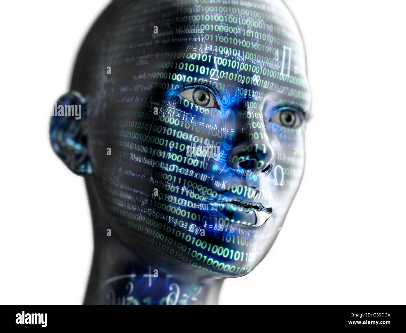 electronic woman or female cyborg isolated on binary background Stock ...