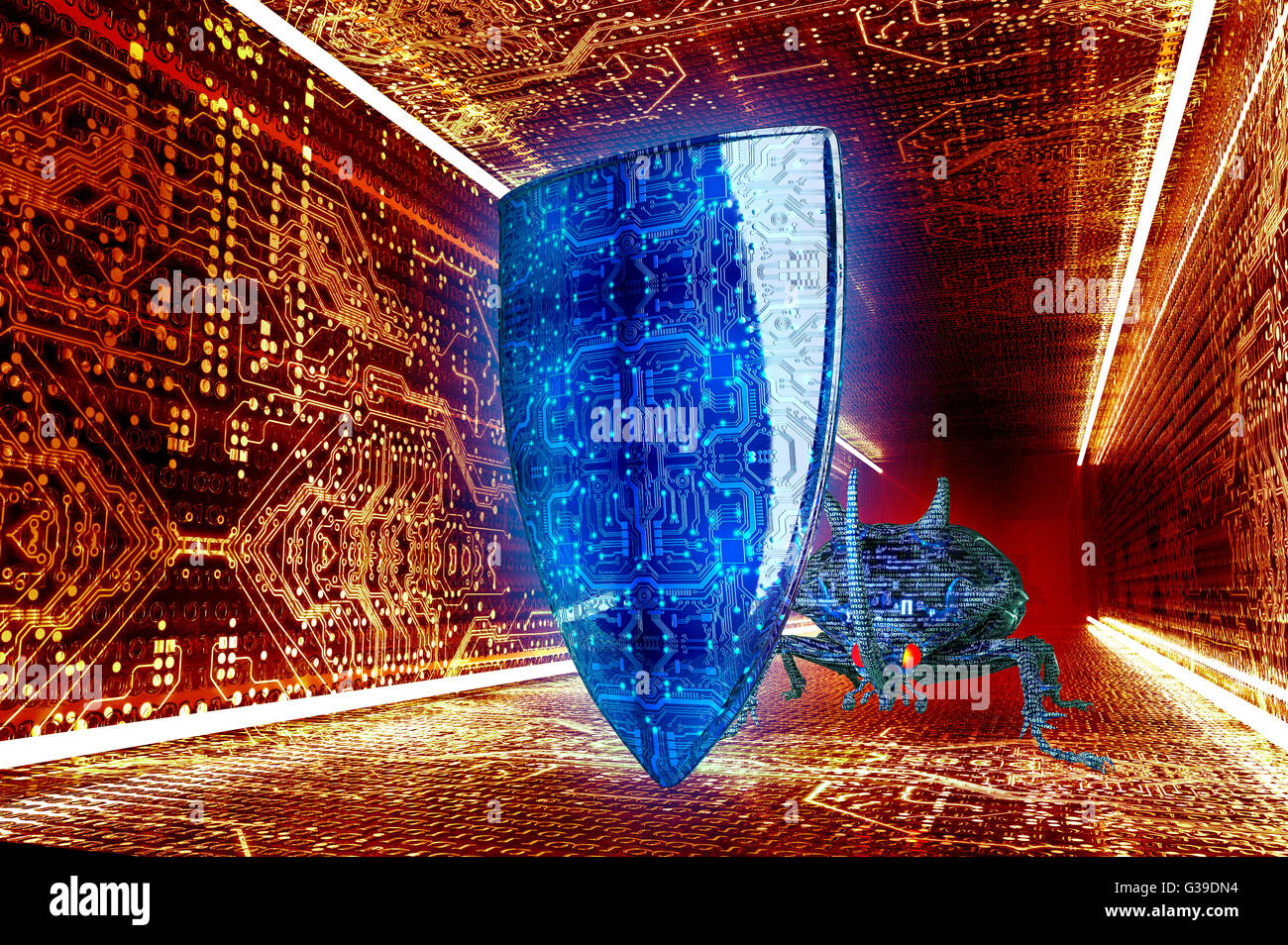 digital safety concept computer bug in electronic environment, 3D ...