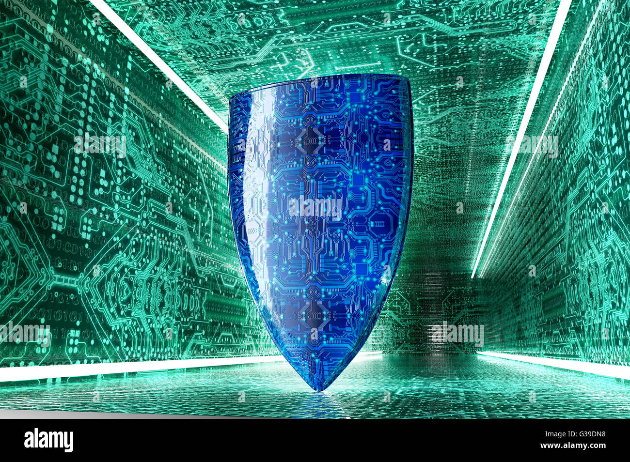 digital safety concept computer shield in electronic environment, 3D ...